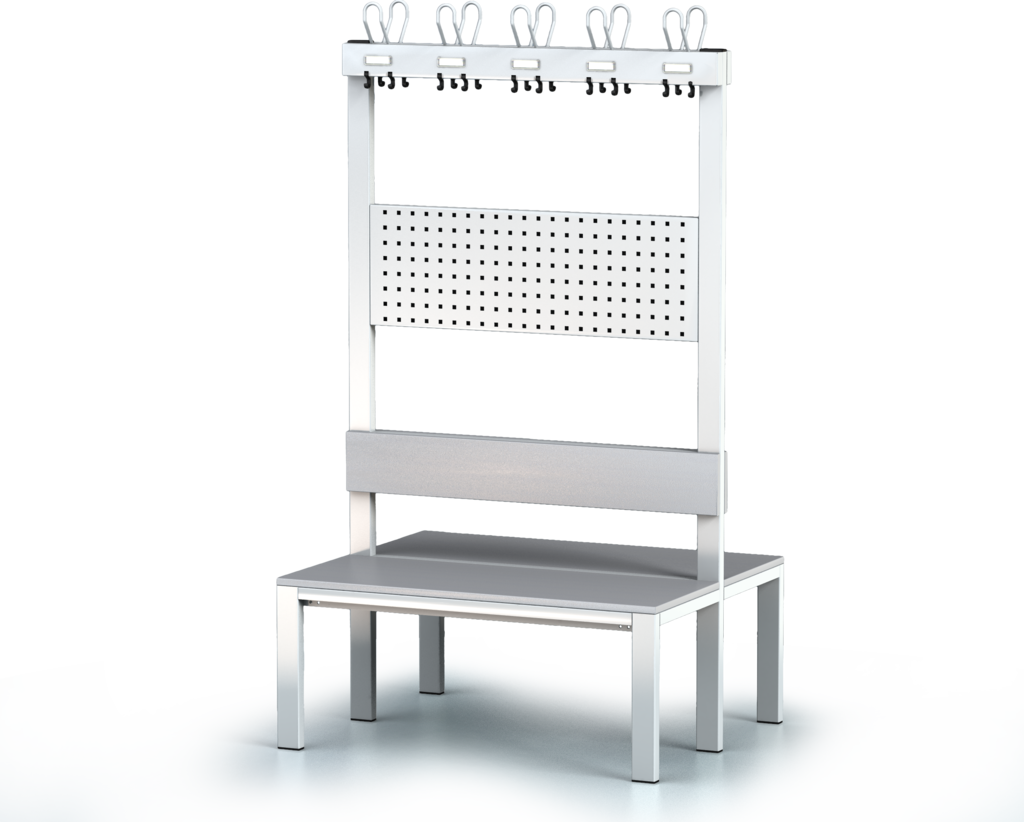 Double-sided benches with backrest and racks, laminated desk - basic ...